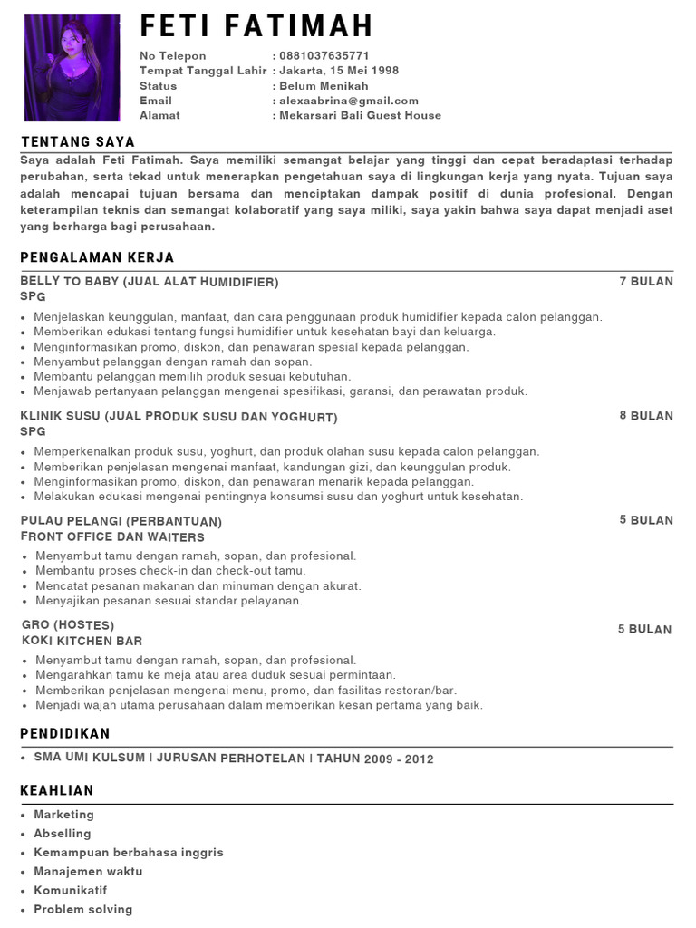 Profil Feti Fatimah: Pengalaman Kerja | PDF