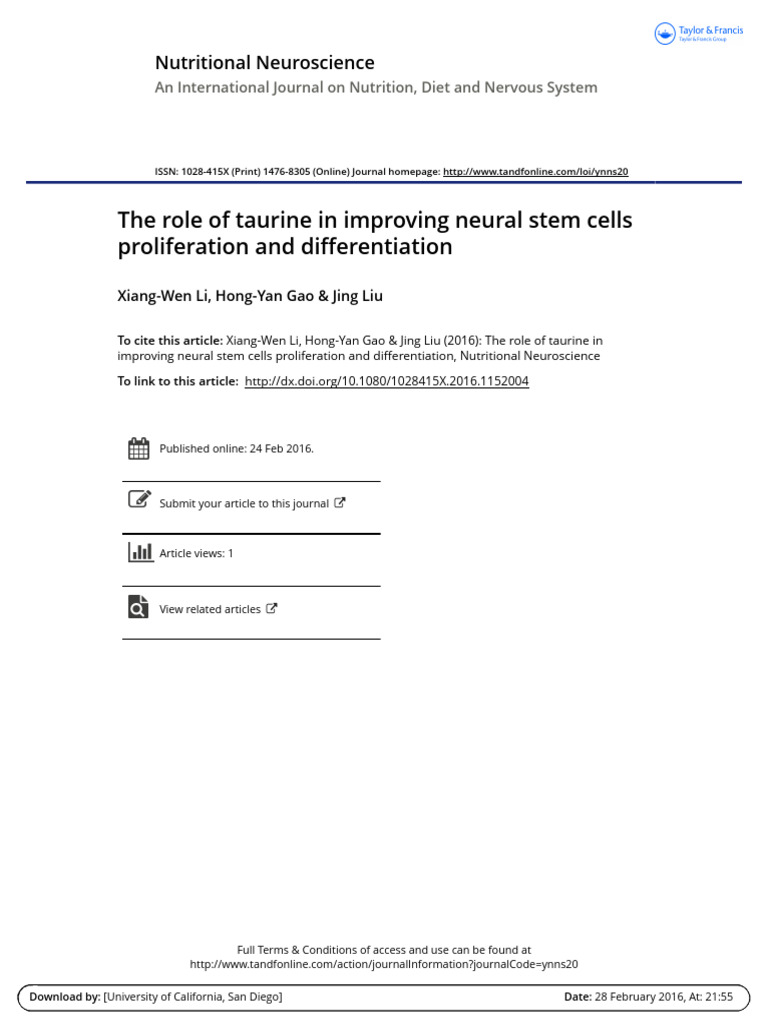 The Role of Taurine in Improving Neural Stem Cells Proliferation and ...
