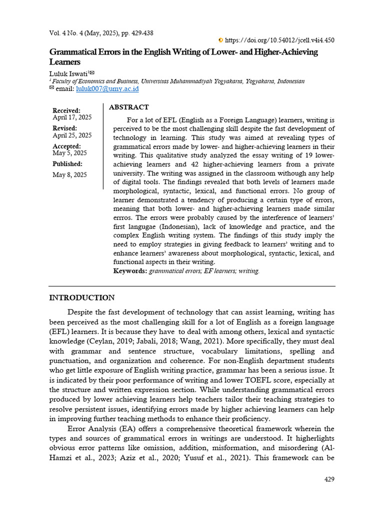 Grammatical Errors in EFL Writing | PDF | Second Language | English As ...