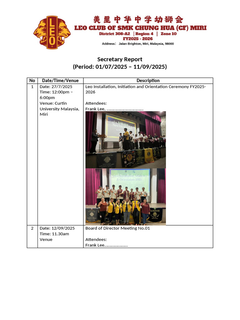 Leo SMK Chung Hua - Secretary Report Sample | PDF