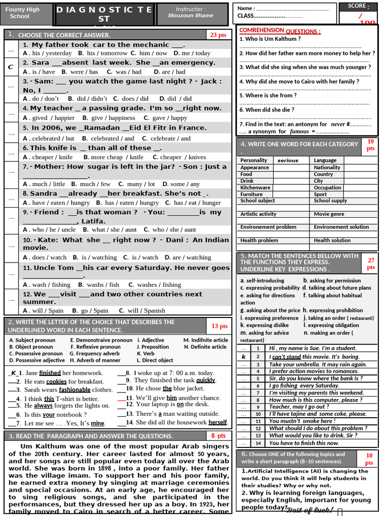 English Diagnostic Test for 1st BAC | PDF | Adverb | Pronoun