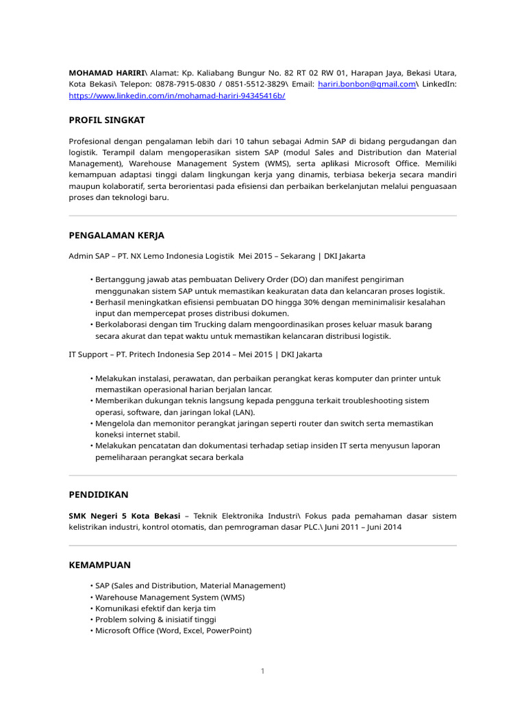 MOHAMAD HARIRI - Kerani Admin Cikarang | PDF