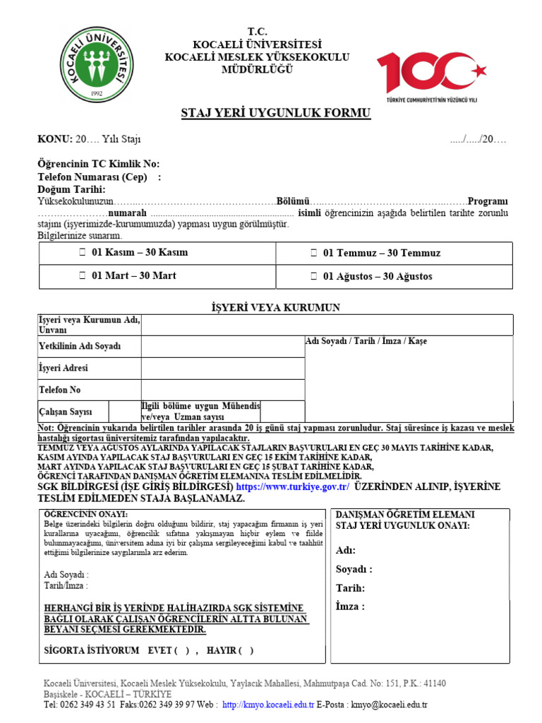 Staj Yeri Uygunluk Formu | PDF