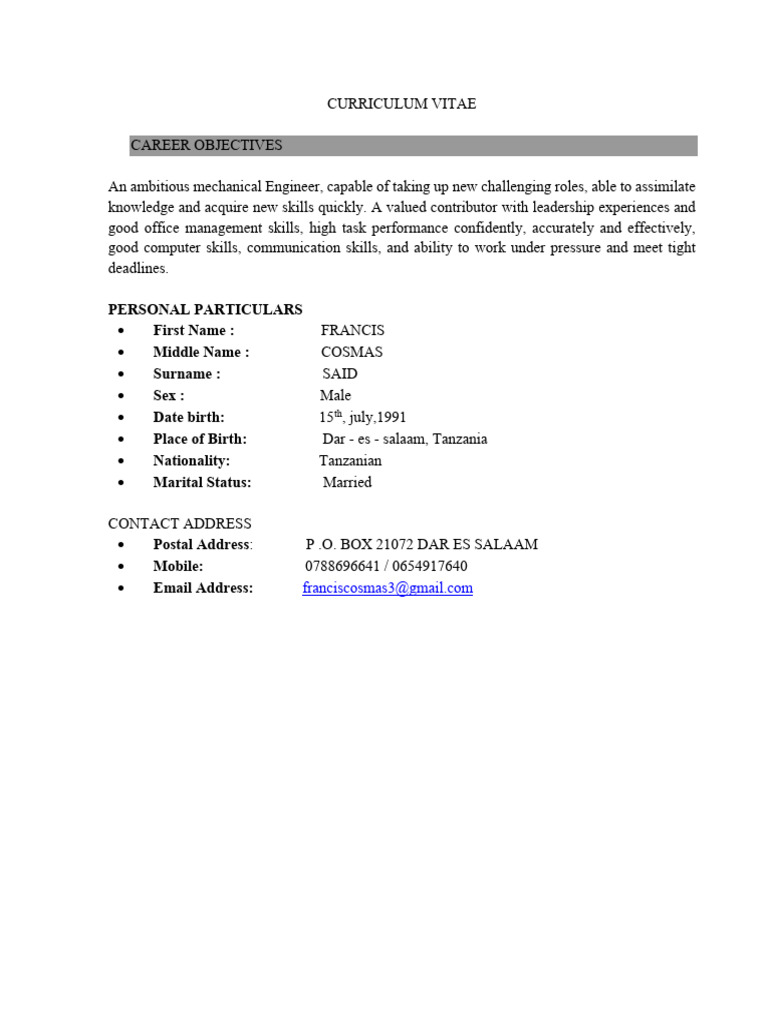 CURRICULUM VITAE Francis | PDF | Pump | Tanzania