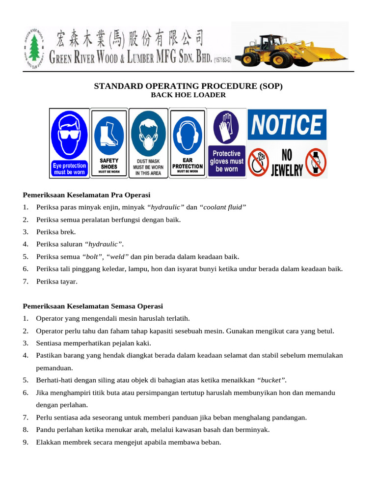 SOP Keselamatan Back Hoe Loader | PDF
