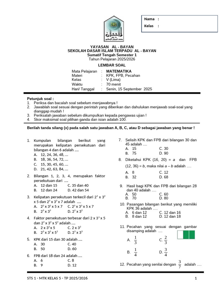 Soal Sts 1 MTK 25-26 | PDF