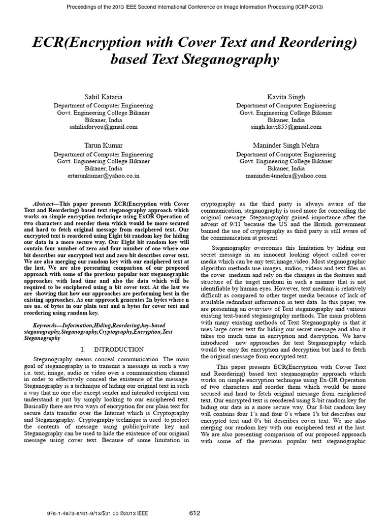 ECR Text Steganography Method | PDF | Secrecy | Cryptography