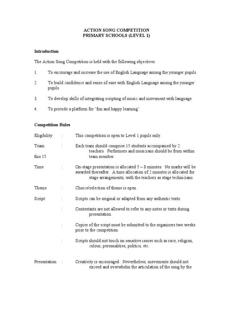 Action Song Competition Guidelines | PDF | Competition | Linguistics