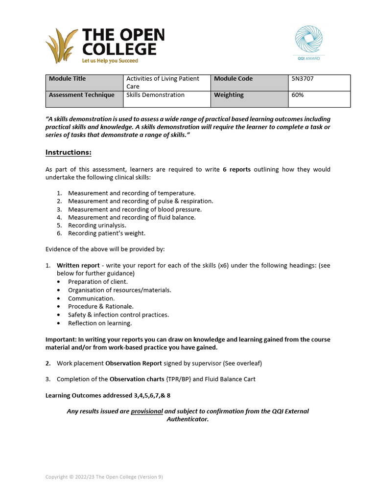 Activities of Living Patient Care (5N3707) - Skills Demonstration Brief ...