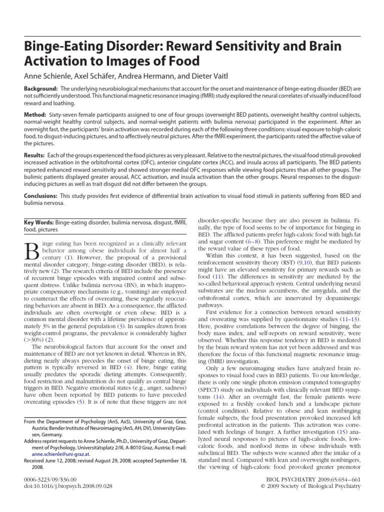 Binge Eating Disorder Reward Sensitivity and Brain Activation To Images ...