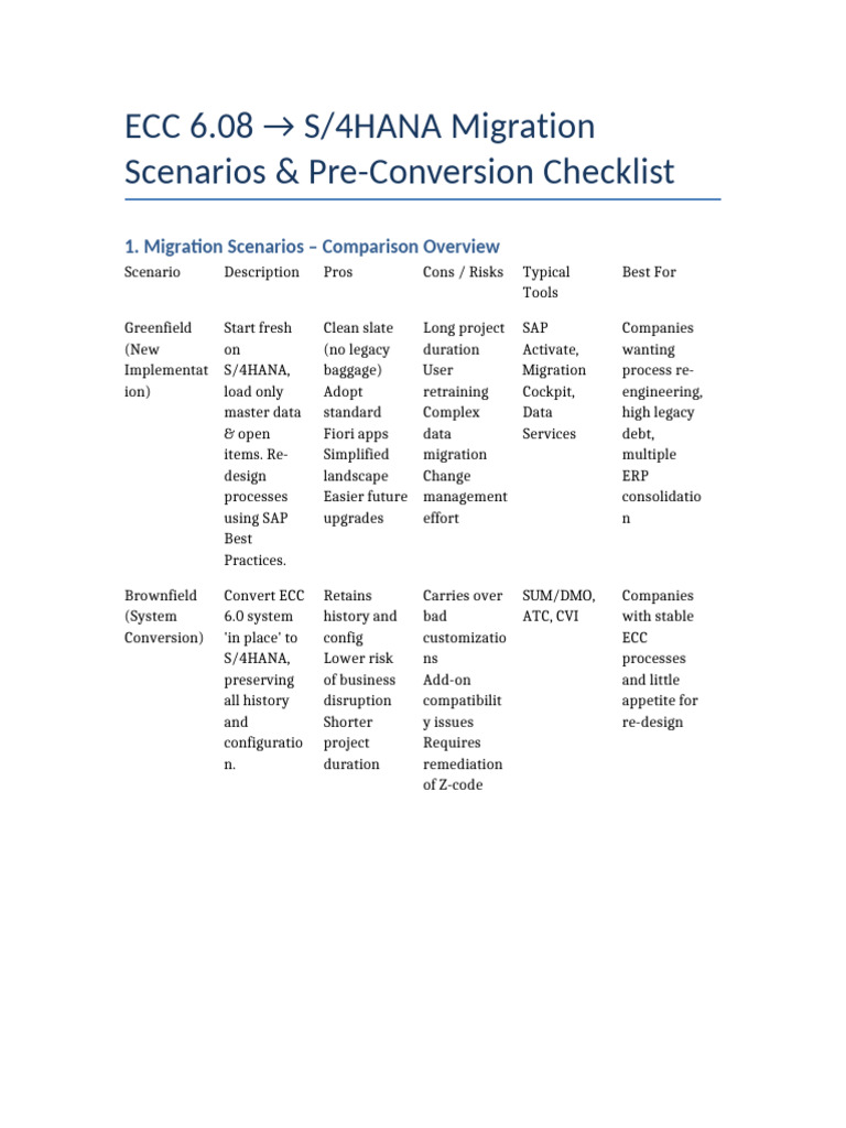 ECC To S4HANA Migration Checklist | PDF | Computing | Software