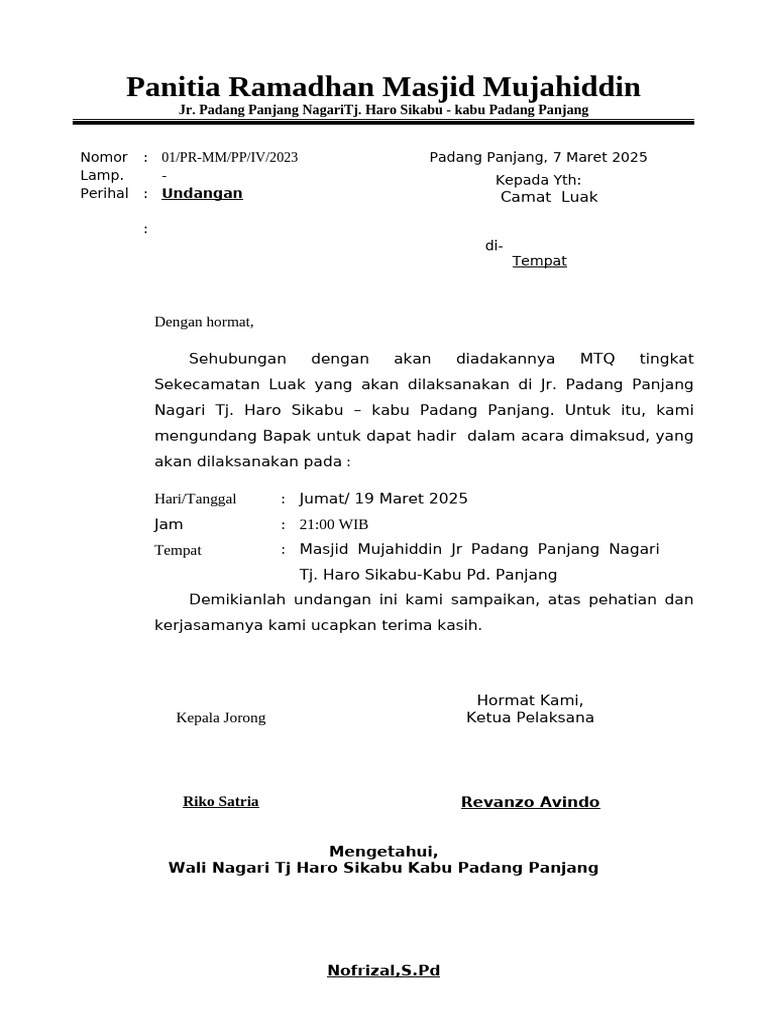 Undangan MTQ Kecamatan Luak 2025 | PDF