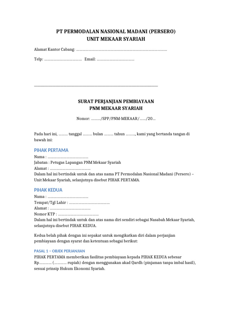 Surat Perjanjian Pembiayaan Syariah PNM | PDF