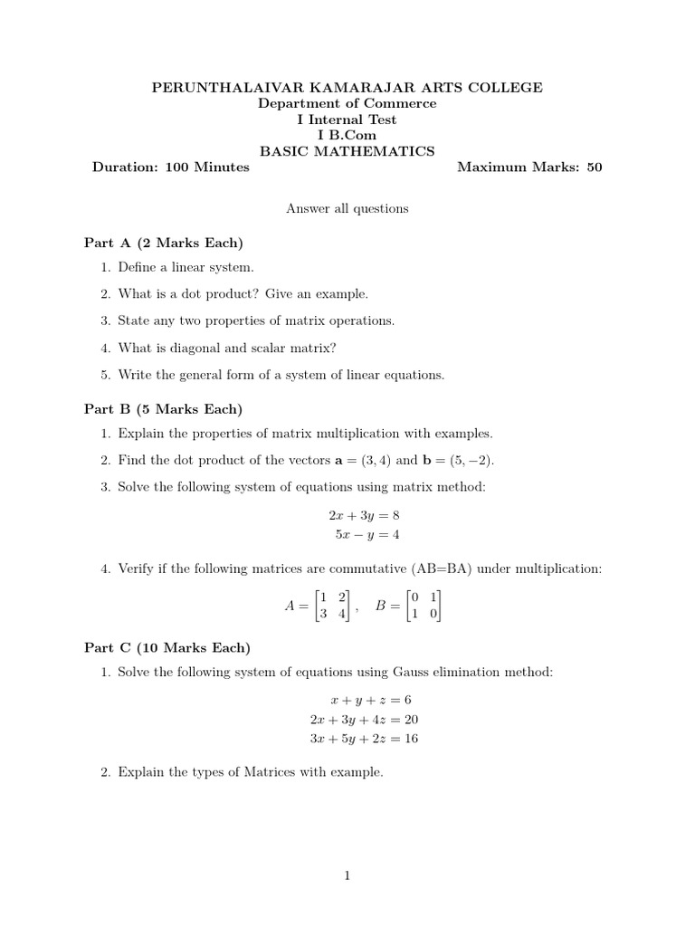 B.Com Basic Mathematics Test Paper | PDF
