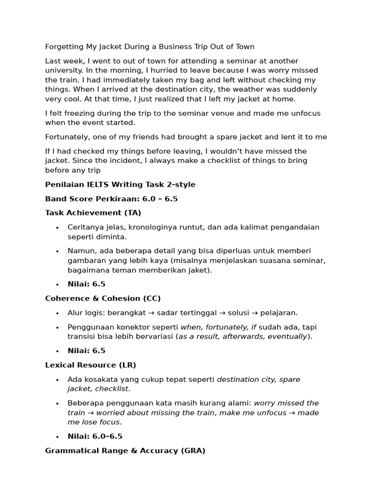 Forgetting My Jacket During A Business Trip Out of Town | PDF | Grammar ...