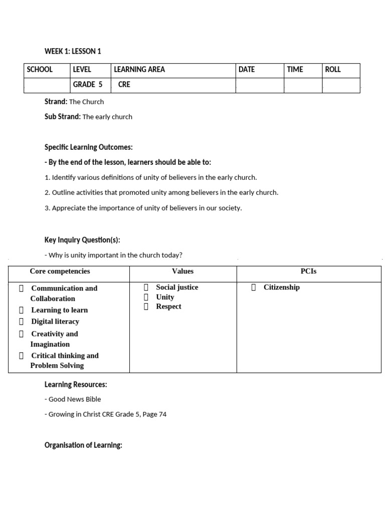 Early Church Unity Lessons for Grade 5 | PDF | Eucharist | Prayer