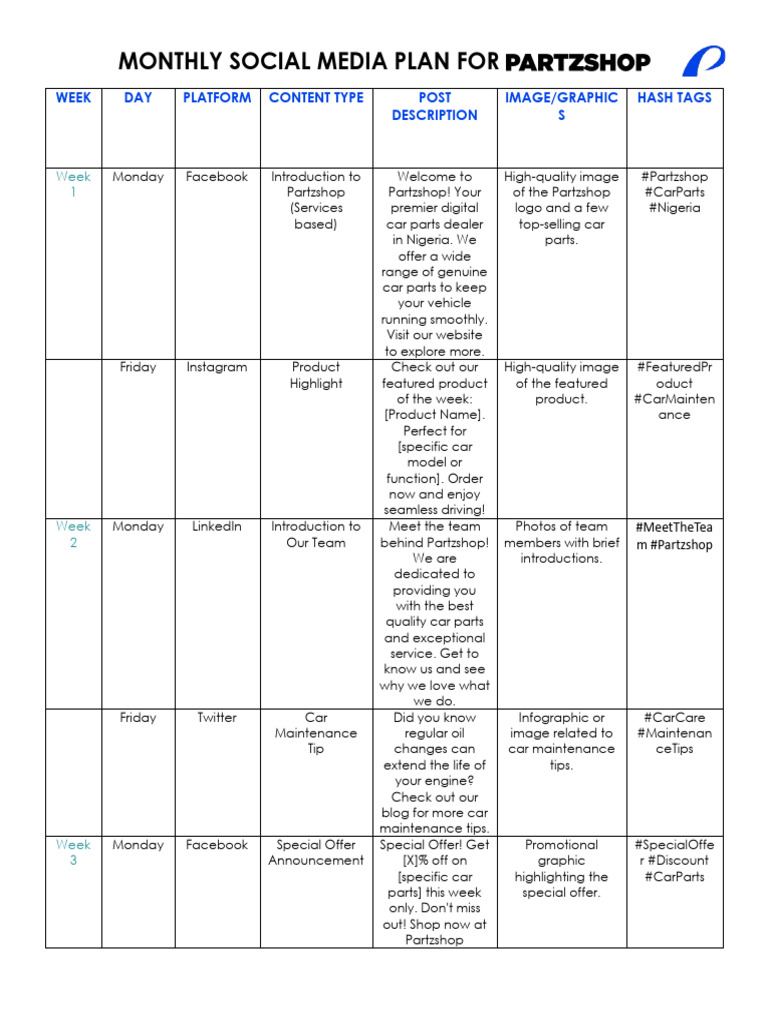Monthly Social Media Plan For Partzshop | PDF | Communication | Social ...