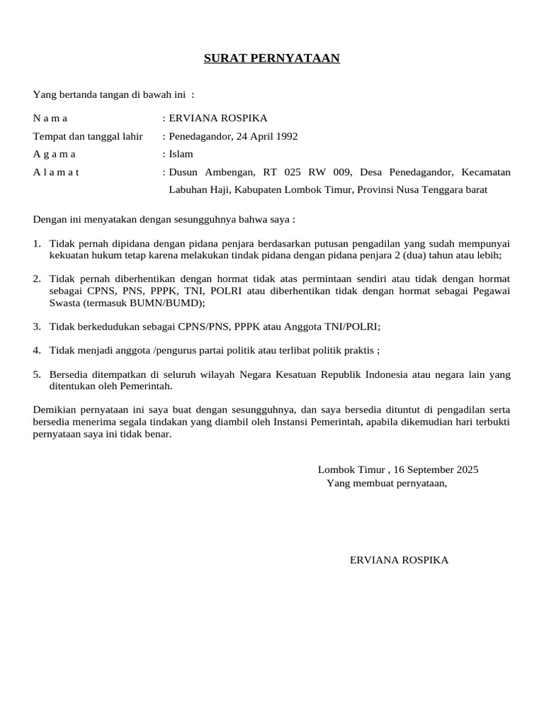 SURAT PERNYATAAN 5 POINT PPPK Terbaruu | PDF