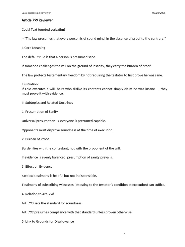 Understanding Article 799: Presumption of Sanity | PDF | Will And ...