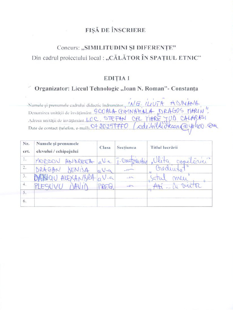 Fisa Inscriere Elevi | PDF