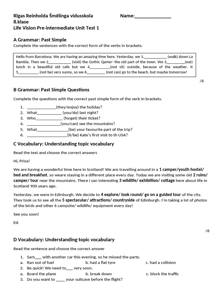 Life Vision Pre-Intermediate Unit 1 Test | PDF