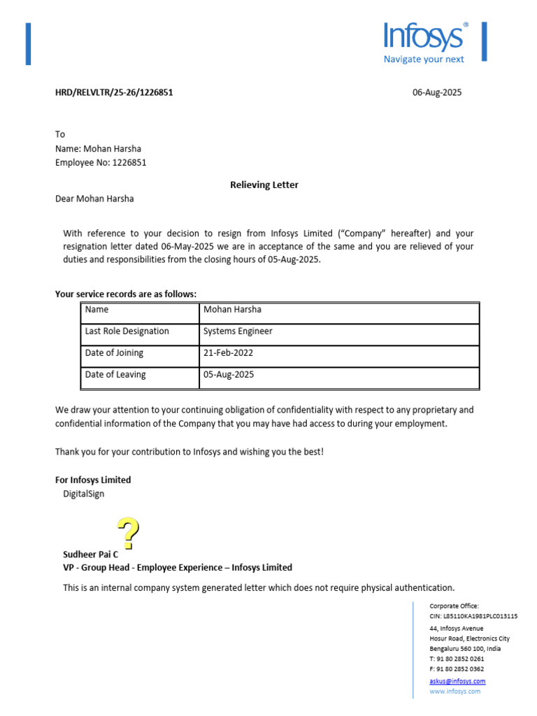 Infosys Relieving Letter for Mohan Harsha | PDF | Cryptography | Privacy
