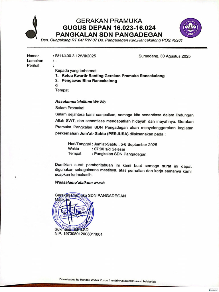 Surat Pemberitahuan Perjusa SDN Pangadeg | PDF