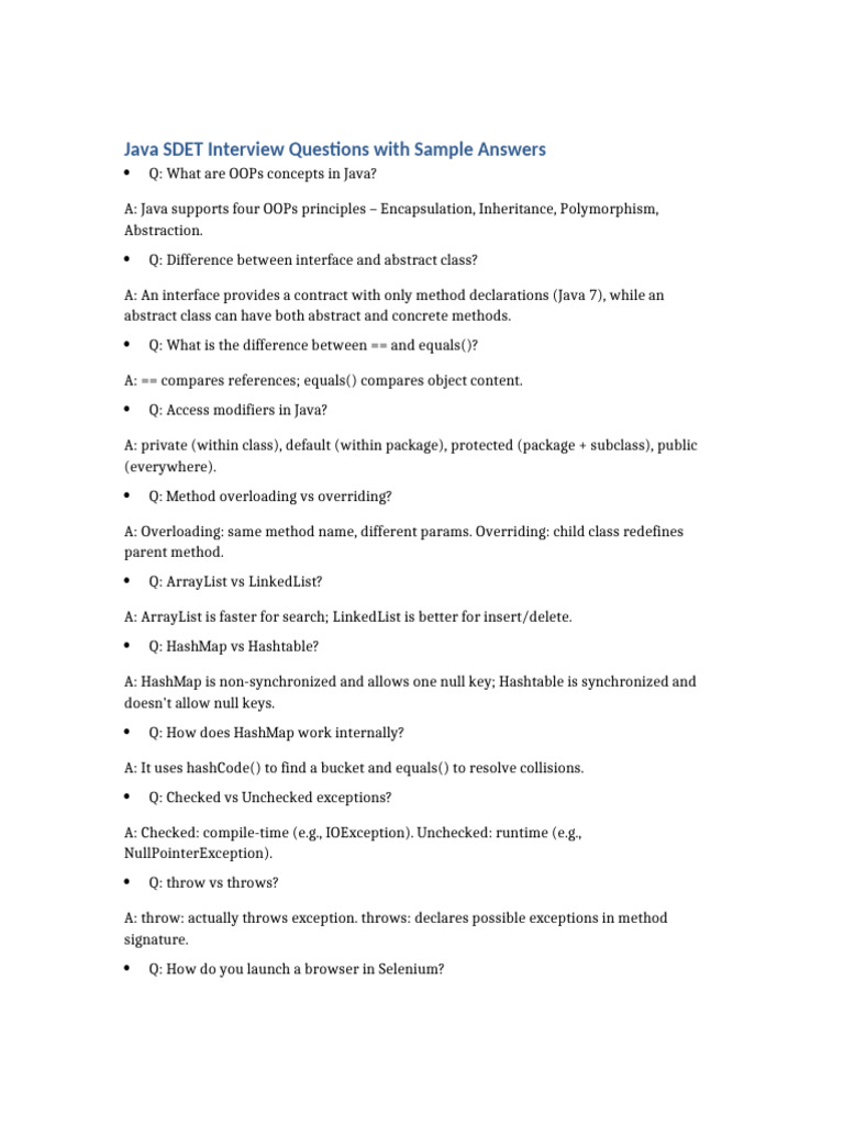 Java SDET Interview QA Sheet | PDF | Method (Computer Programming) | Inheritance (Object ...