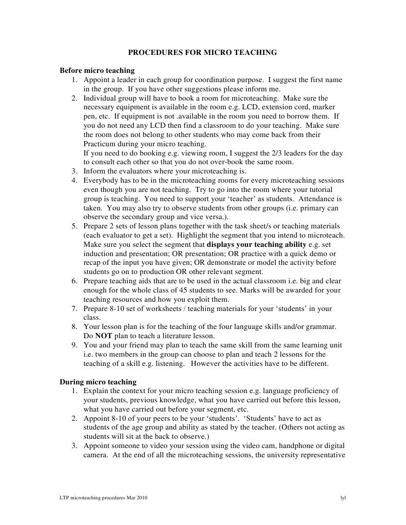 Procedures For Micro Teaching | PDF | Lesson Plan | Teachers