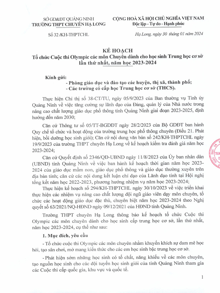 CVD 32 - CHL 30.01.2024 KH Tổ Chức Thi Olympic Các Môn Chuyên Dành Cho ...