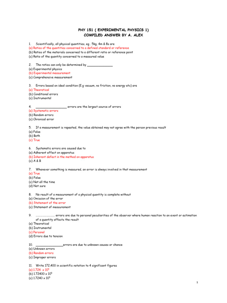 Open PHY 151 (EXPERIMENTAL PHYSICS 1) QUESTION-ANS BY A. ALEX? 4 | PDF