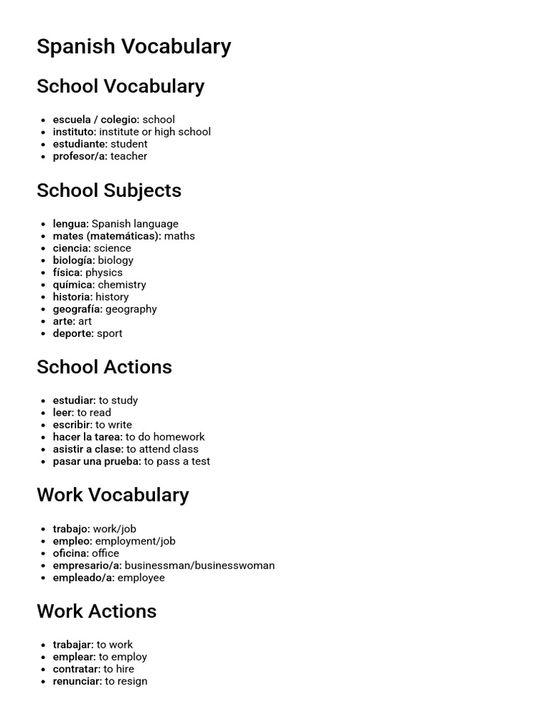 Spanish Vocabulary for School and Family | PDF