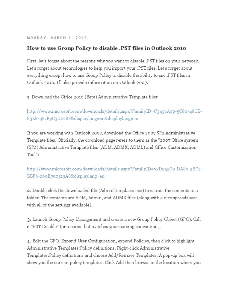 Disable PST Files in Outlook 2010 | PDF | Windows Registry | Group Policy