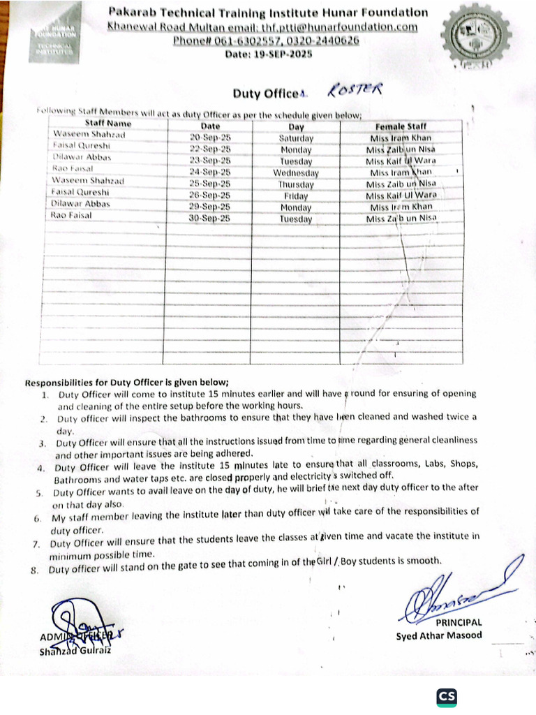 Duty Officer Roster Perform 19-09-2025 15.11 | PDF