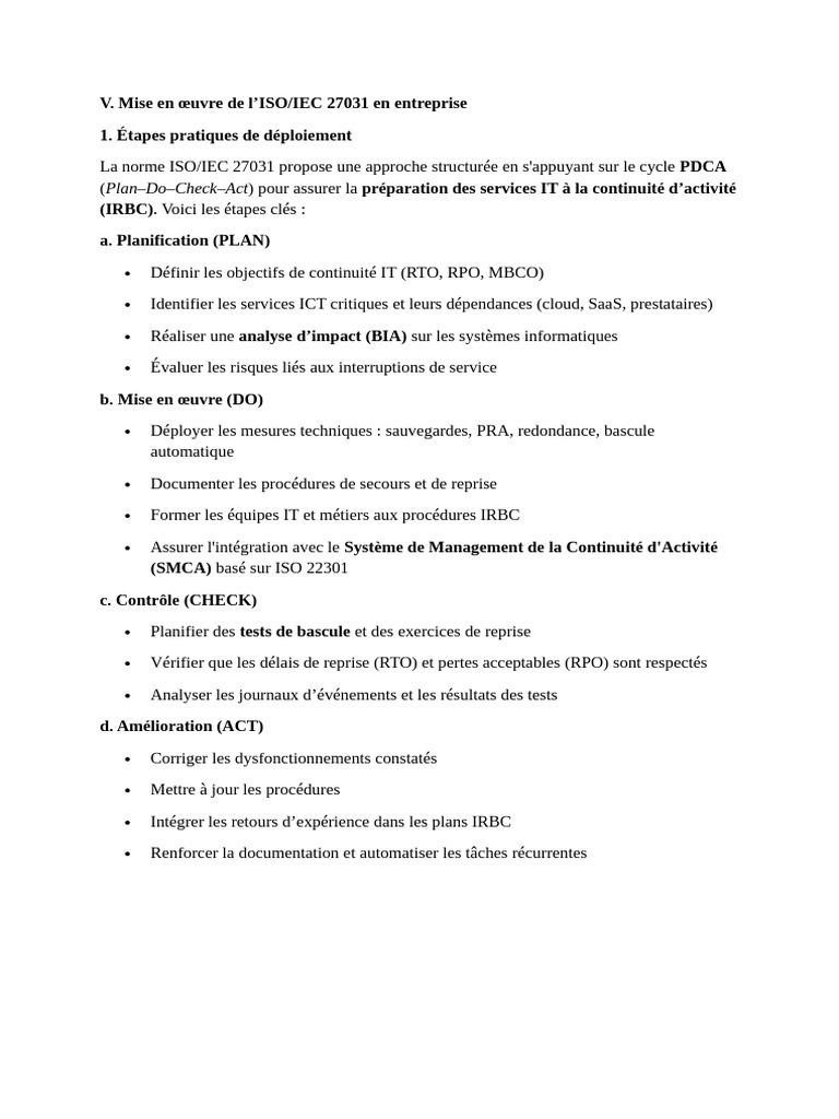 Mise en œuvre de l'ISO/IEC 27031 | PDF | Sécurité des systèmes d ...