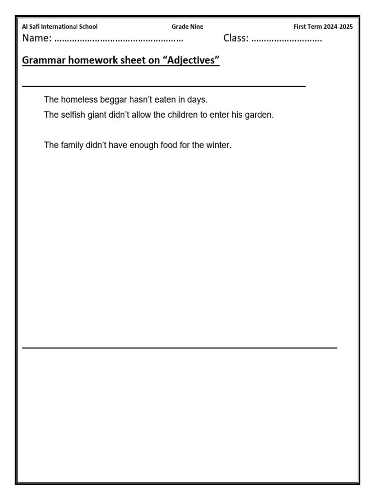 Grade 9 Adjective Grammar Homework | PDF