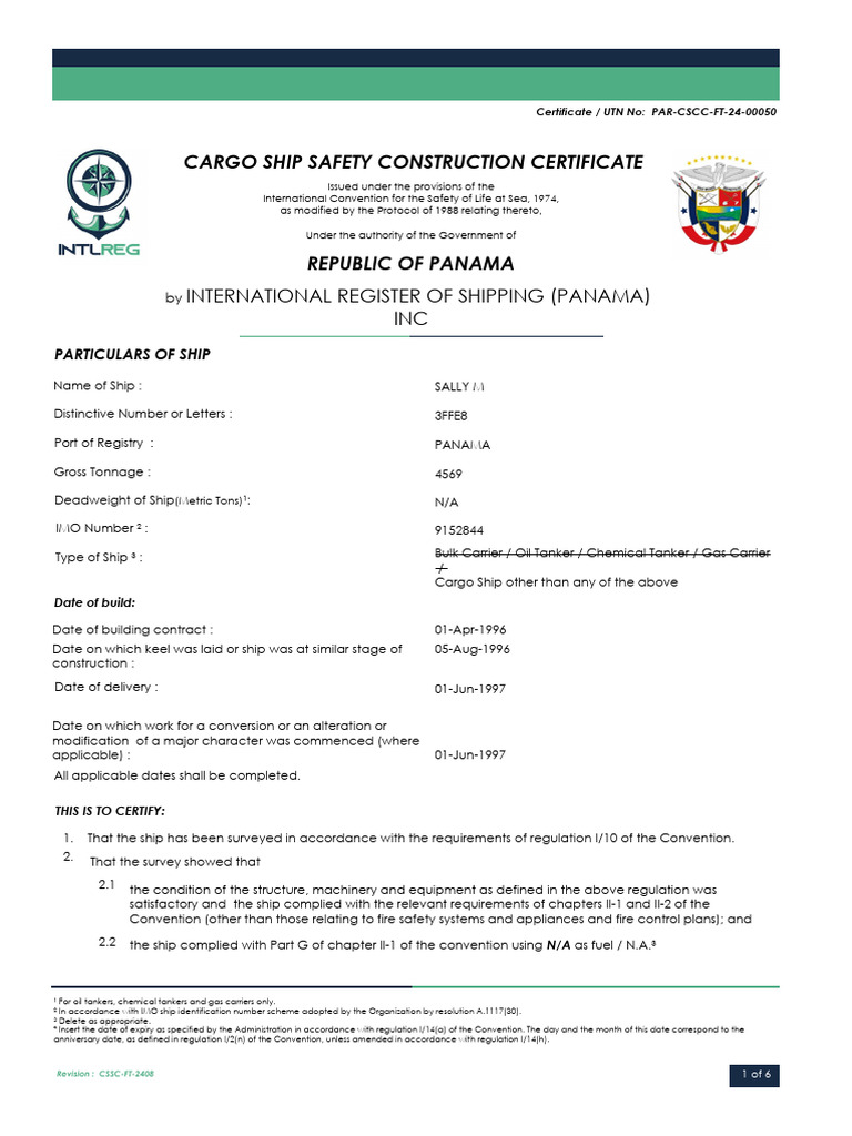 Cargo Ship Safety Construction Certificate Full Term | PDF | Ships ...
