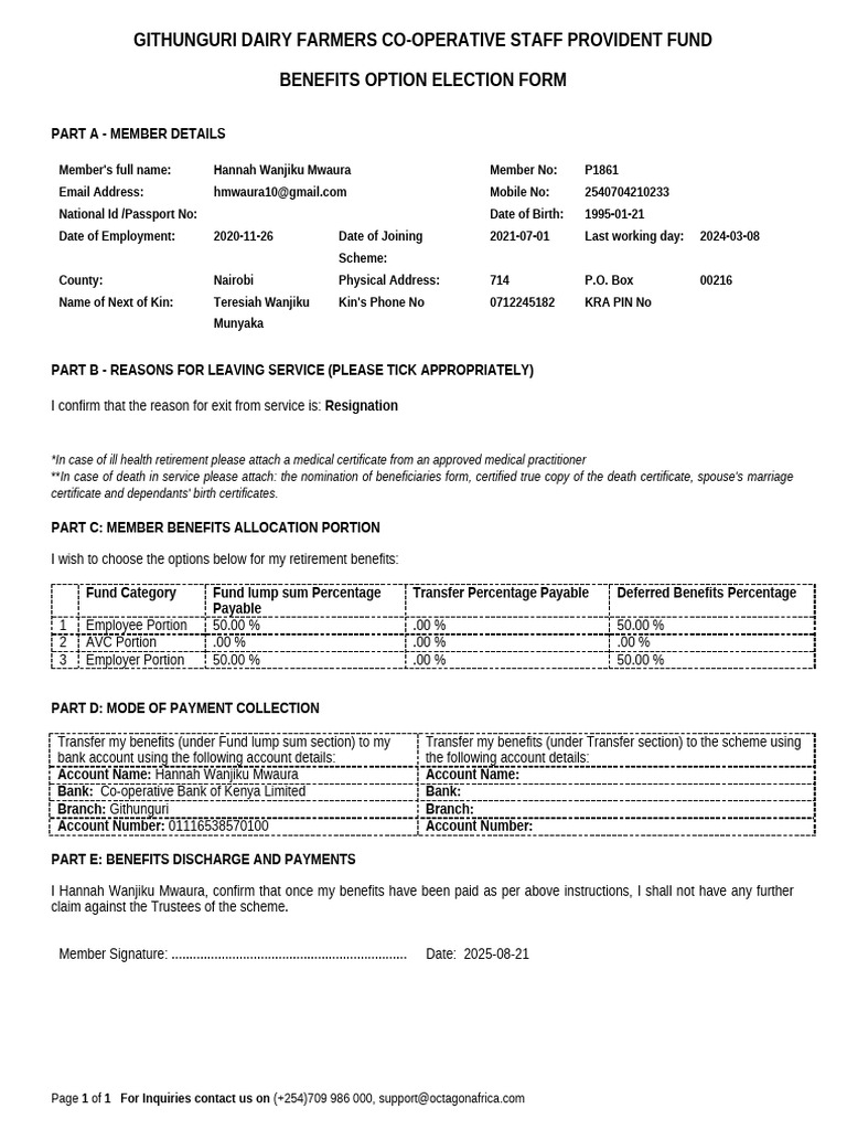 Githunguri Dairy Fund Benefits Election Form | PDF