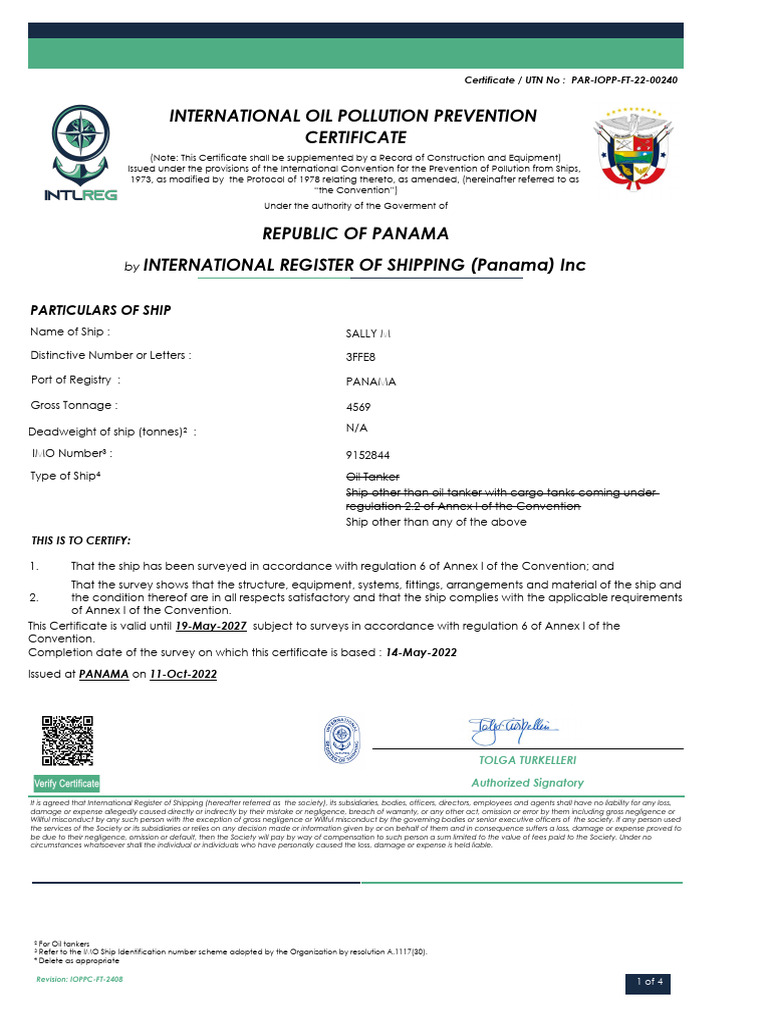 IOPP Certificate for Oil Tanker SALLY M | PDF | Ships | Oil Tanker