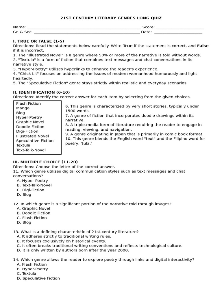 21st Century Literary Genres Quiz | PDF | Narrative | Literary Theory
