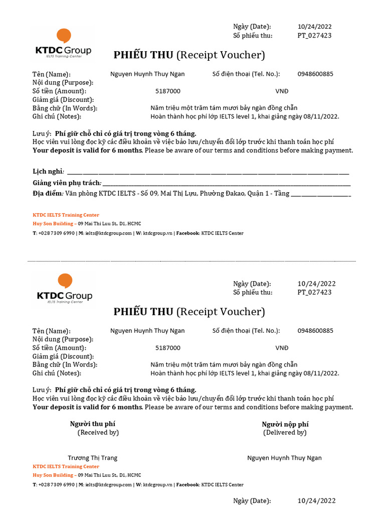(KTDC IELTS) Phieu Thu - Nguyen Huynh Thuy Ngan | PDF