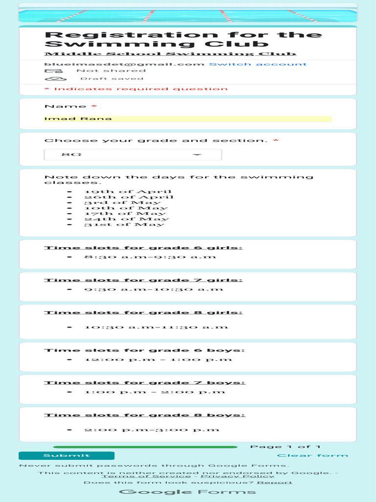 Swimming Class Schedule for Grades 6-8 | PDF