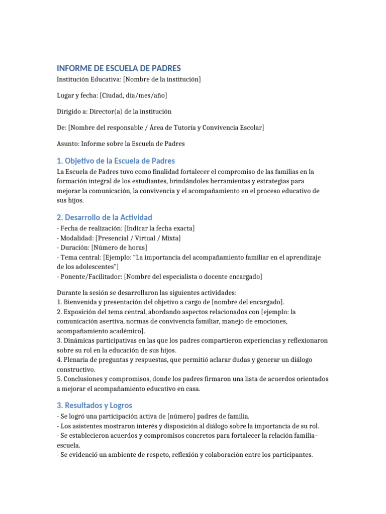 Informe de Escuela de Padres 2023 | PDF | Escuelas | Aprendizaje