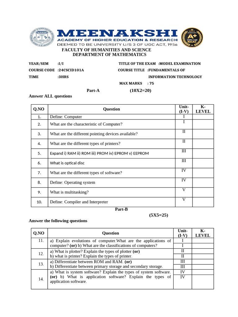 MODEL - Fundamentals of IT | PDF | Read Only Memory | Computer Data Storage