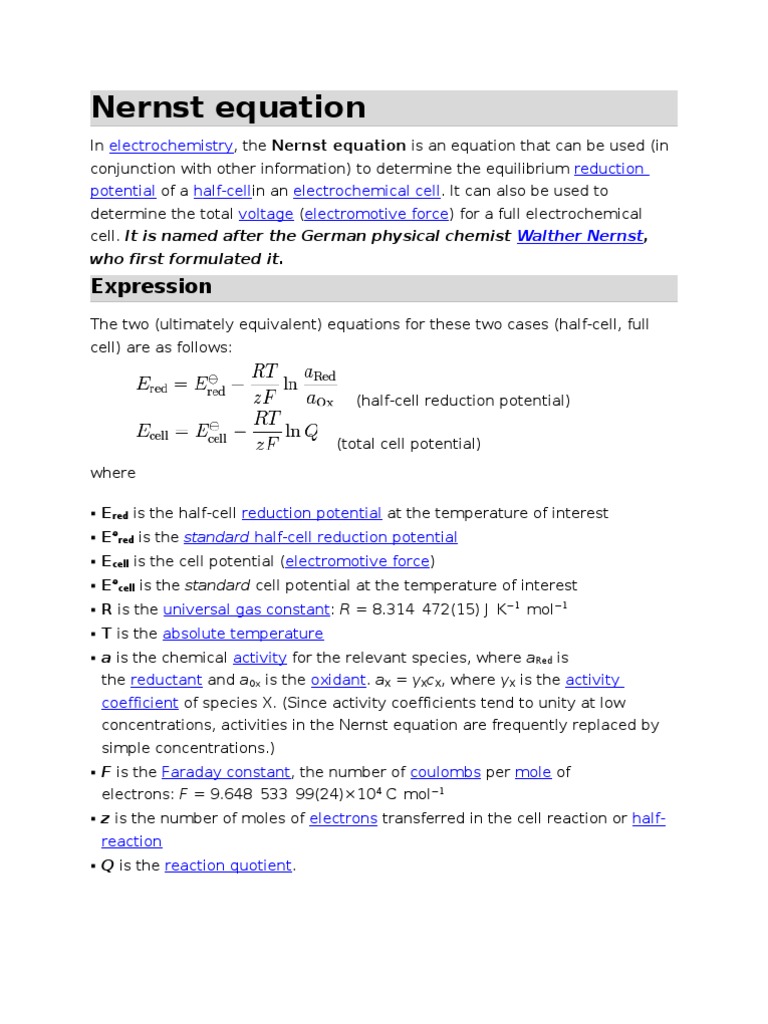 Nernst Equation | PDF | Physical Sciences | Applied And ...