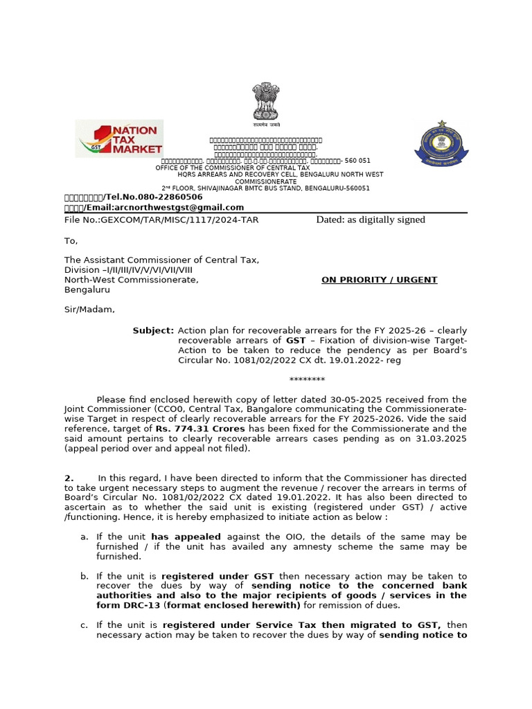 GST Arrears Recovery Action Plan 2025-26 | PDF | Government ...