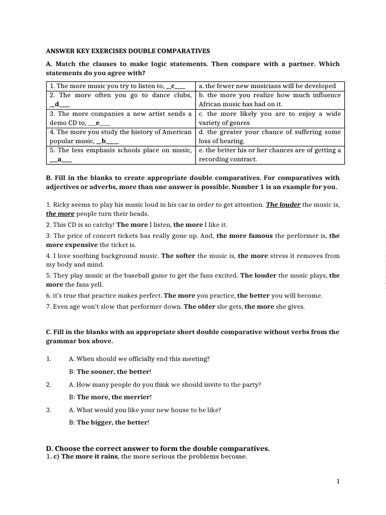 Double Comparative Exercises Answer Key | PDF | Linguistics | Grammar