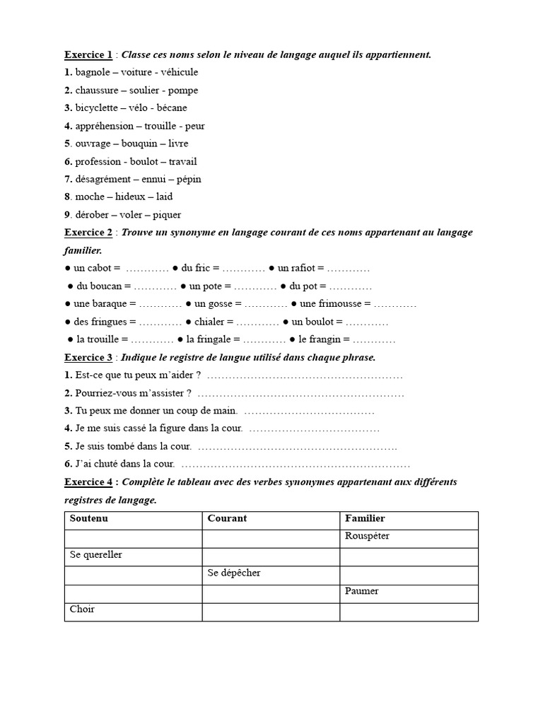 Exercices Sur Les Registres de La Langue | PDF | Dialectologie ...
