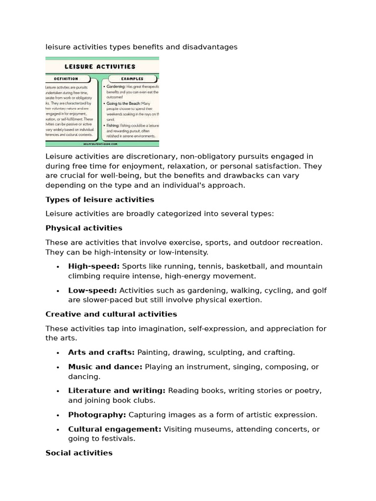 Leisure Activities Types Benefits and Disadvantages | PDF | Recreation ...