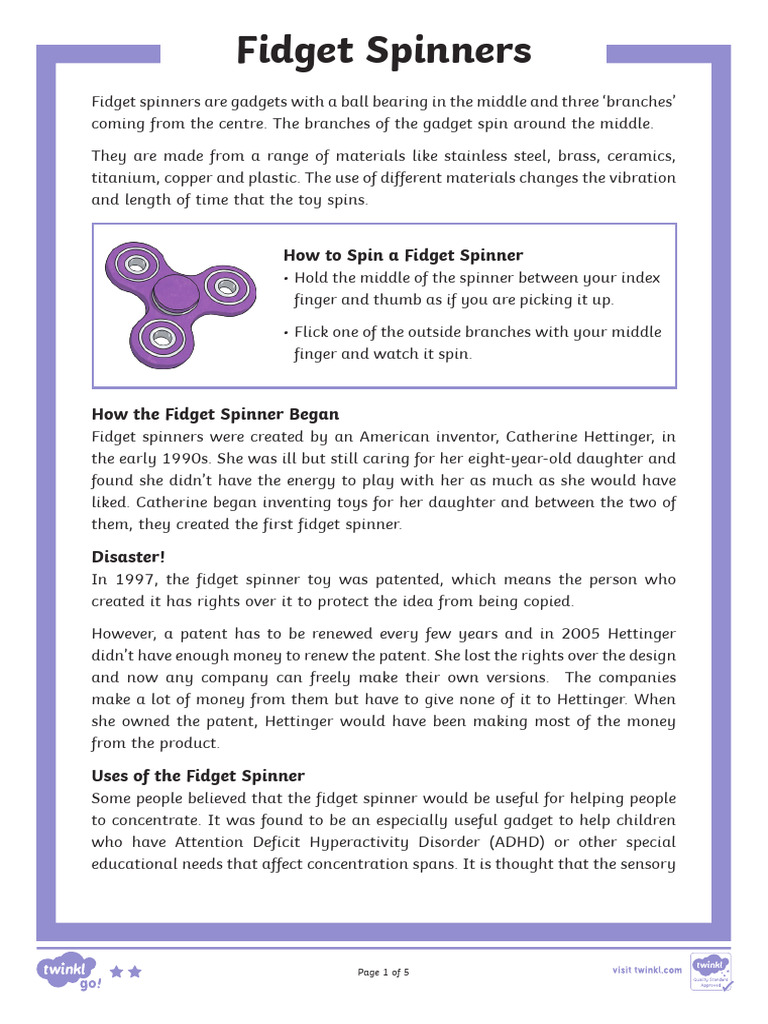 Fidget Spinners Differentiated Comprehension Activity - Removed | PDF ...